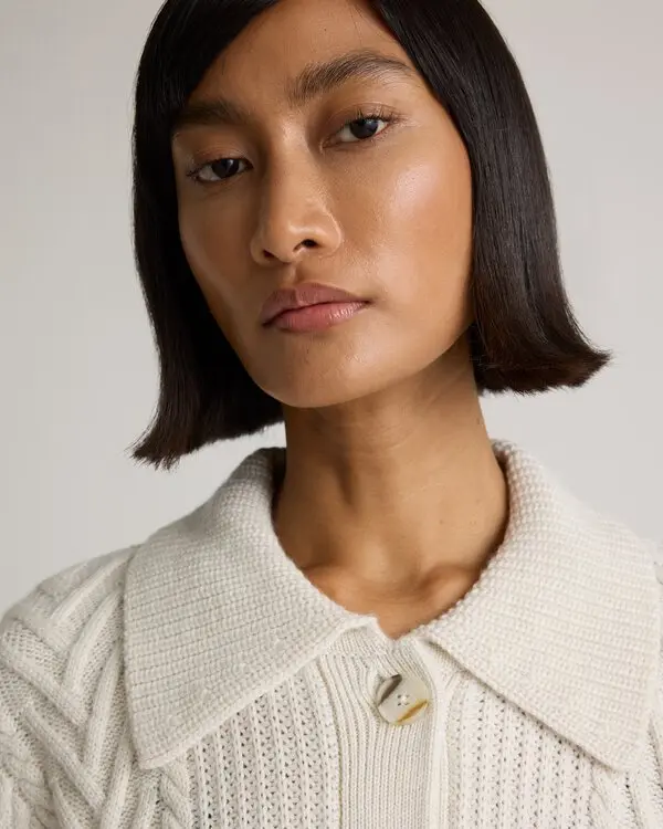 Quince Australian Merino Wool Collared Cable Cardigan - Heather Bone