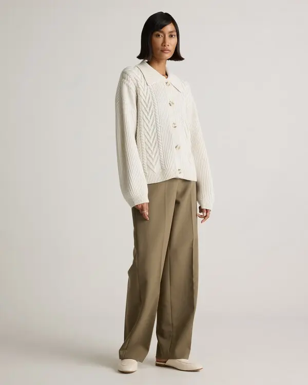 Quince Australian Merino Wool Collared Cable Cardigan - Heather Bone