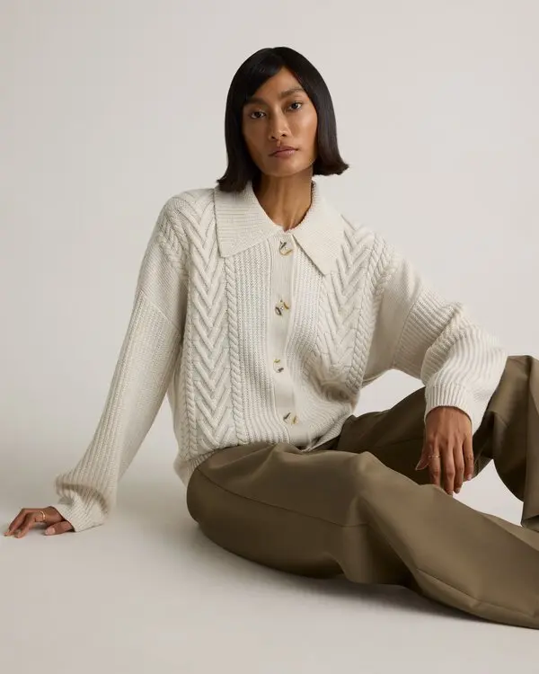 Quince Australian Merino Wool Collared Cable Cardigan - Heather Bone