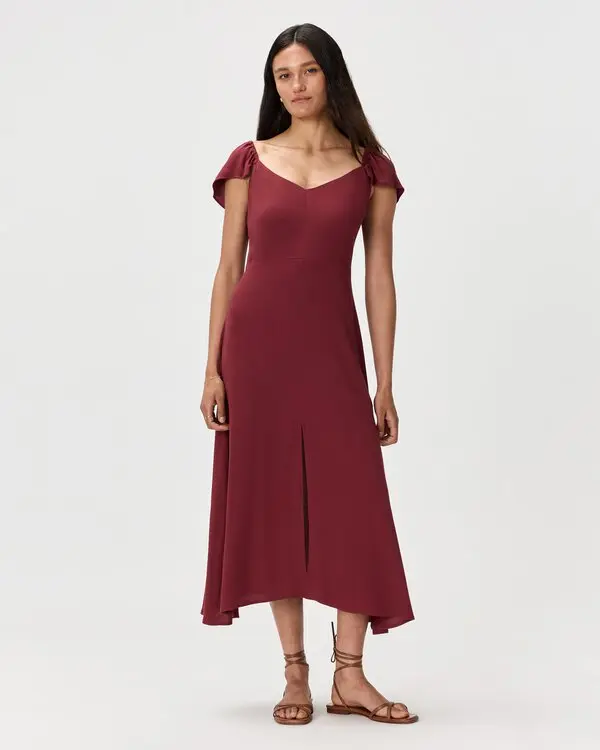 Quince Lightweight Crepe Flutter Sleeve Midi Dress - Maroon