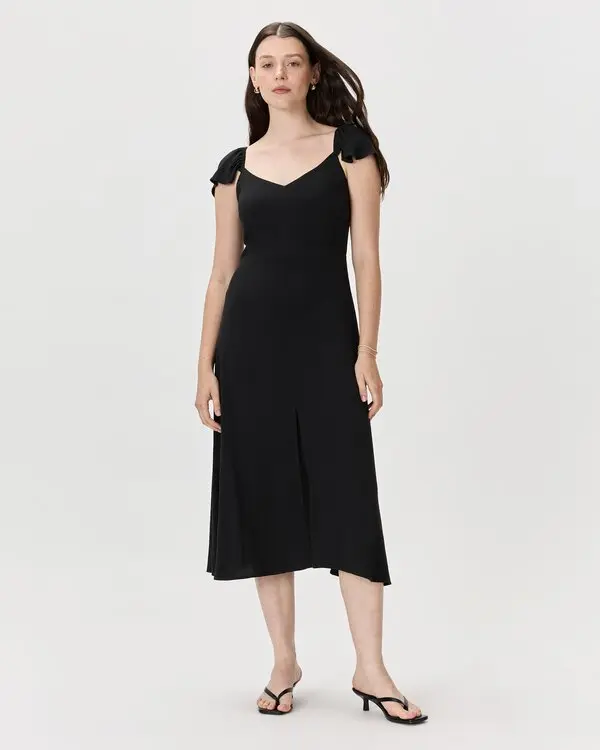 Quince Lightweight Crepe Flutter Sleeve Midi Dress - True Black