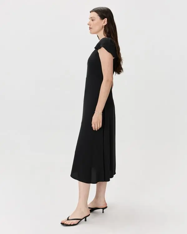 Quince Lightweight Crepe Flutter Sleeve Midi Dress - True Black