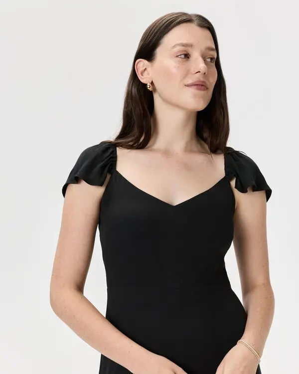 Quince Lightweight Crepe Flutter Sleeve Midi Dress - True Black