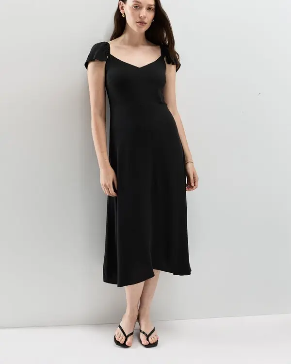 Quince Lightweight Crepe Flutter Sleeve Midi Dress - True Black
