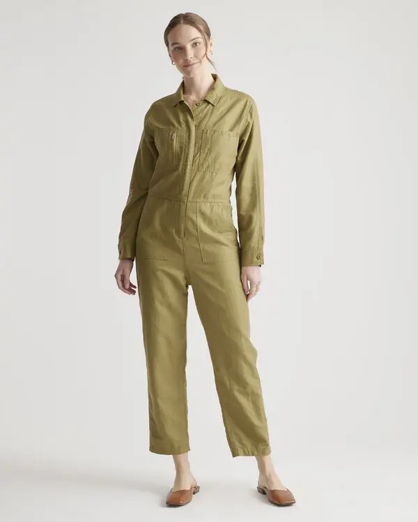 Quince Cotton Linen Twill Long Sleeve Coverall Jumpsuit - Army Green