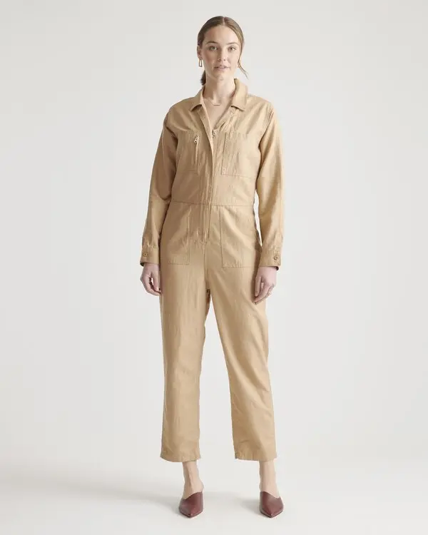 Quince Cotton Linen Twill Long Sleeve Coverall Jumpsuit - Camel