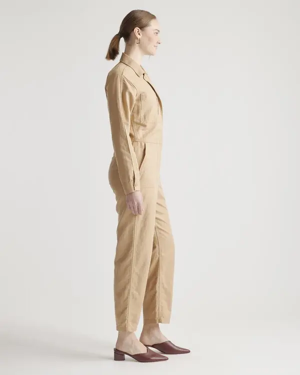 Quince Cotton Linen Twill Long Sleeve Coverall Jumpsuit - Camel