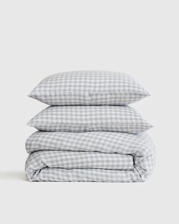 Quince European Linen Gingham Duvet Cover Set - Blue Fog
