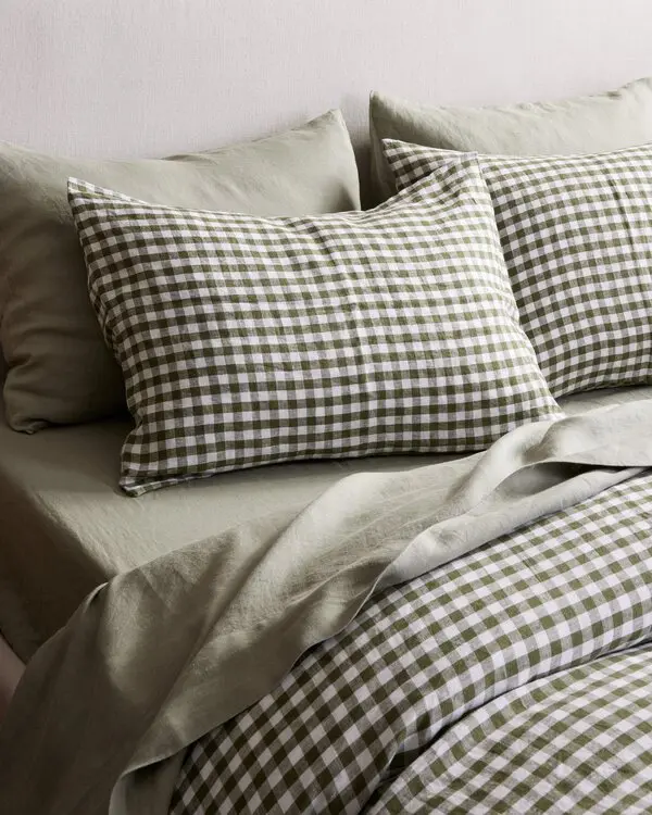 Quince European Linen Gingham Duvet Cover Set - Olive