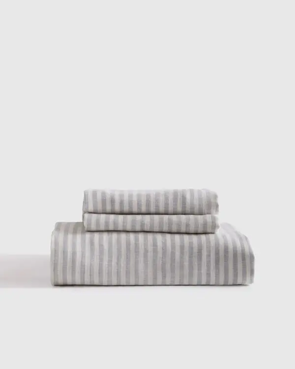 Quince European Linen Fitted Sheet Set - Mist/white Stripe