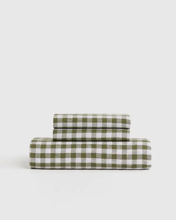 Quince European Linen Fitted Sheet Set - Olive Gingham