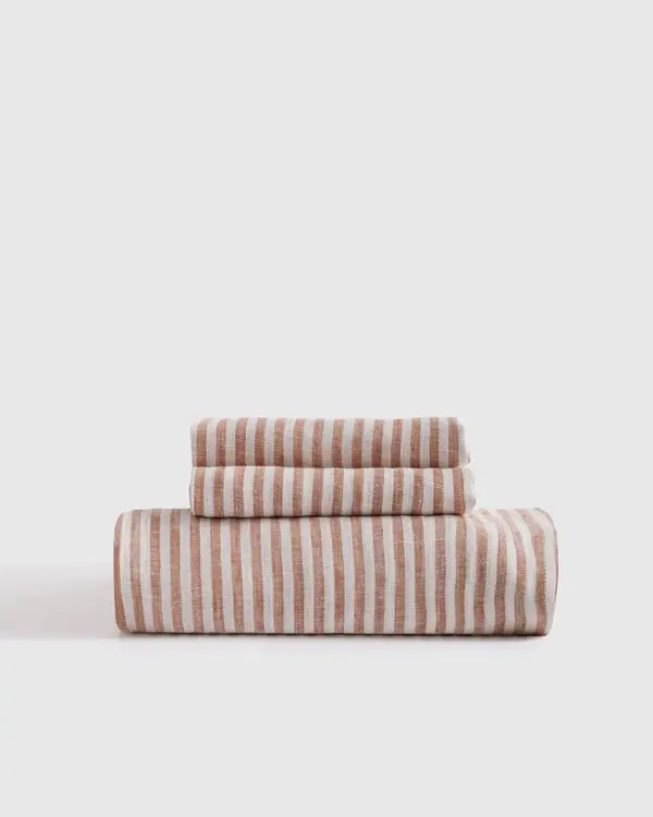 Quince European Linen Fitted Sheet Set - Terracotta/white Stripe