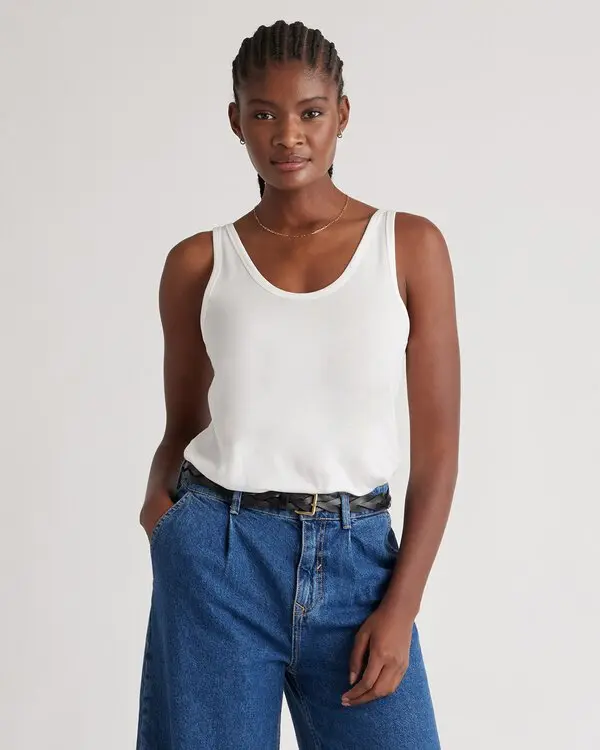 Quince Cotton Modal Double Scoop Neck Tank Top - White