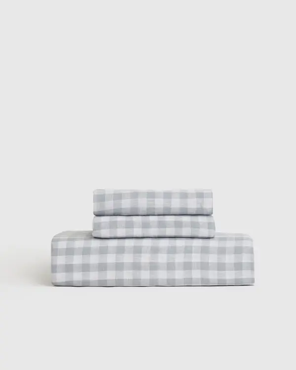 Quince European Linen Gingham Fitted Sheet Set - Blue Fog