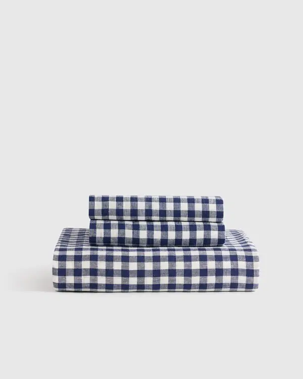 Quince European Linen Gingham Fitted Sheet Set - Navy