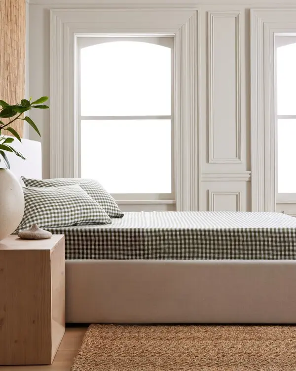 Quince European Linen Gingham Fitted Sheet Set - Olive