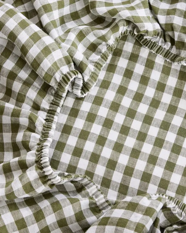 Quince European Linen Gingham Fitted Sheet Set - Olive