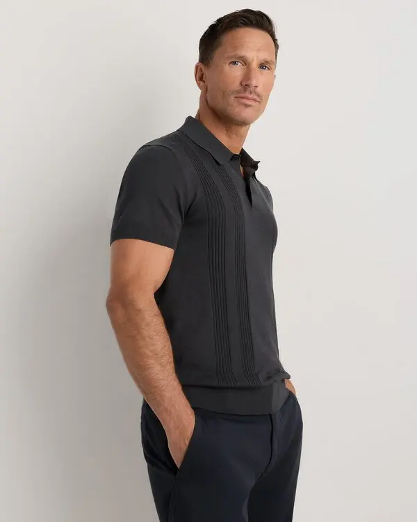 Quince Cotton-silk Ribbed Short Sleeve Sweater Polo - Charcoal
