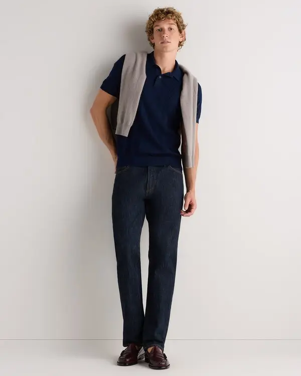 Quince Cotton-silk Ribbed Short Sleeve Sweater Polo - Navy