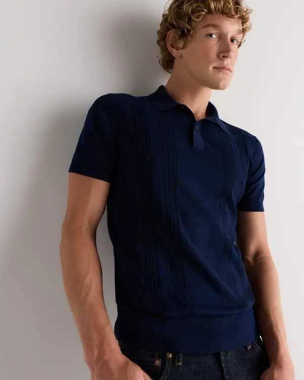 Quince Cotton-silk Ribbed Short Sleeve Sweater Polo - Navy