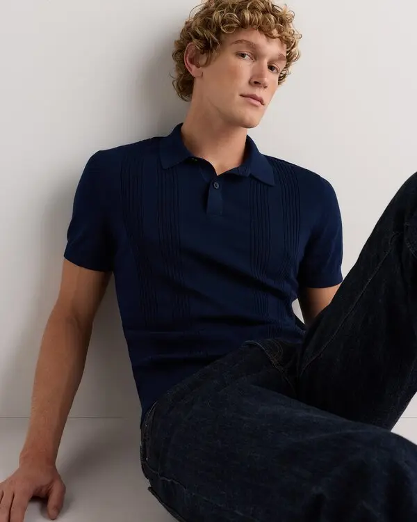 Quince Cotton-silk Ribbed Short Sleeve Sweater Polo - Navy
