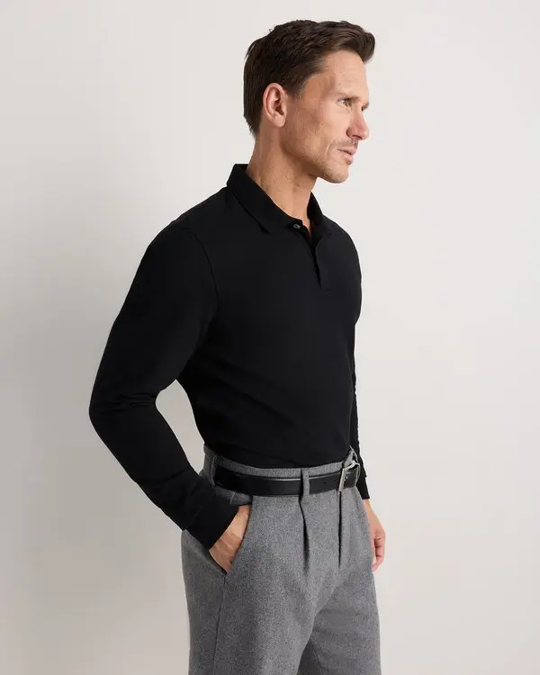 Quince Long Sleeve Pique Polo - Black