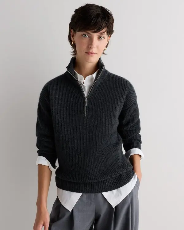 Quince Mongolian Cashmere Fisherman Quarter Zip Sweater - Heather Charcoal