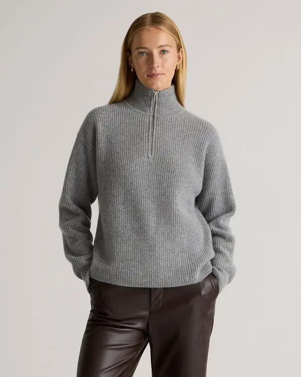 Quince Mongolian Cashmere Fisherman Quarter Zip Sweater - Heather Grey