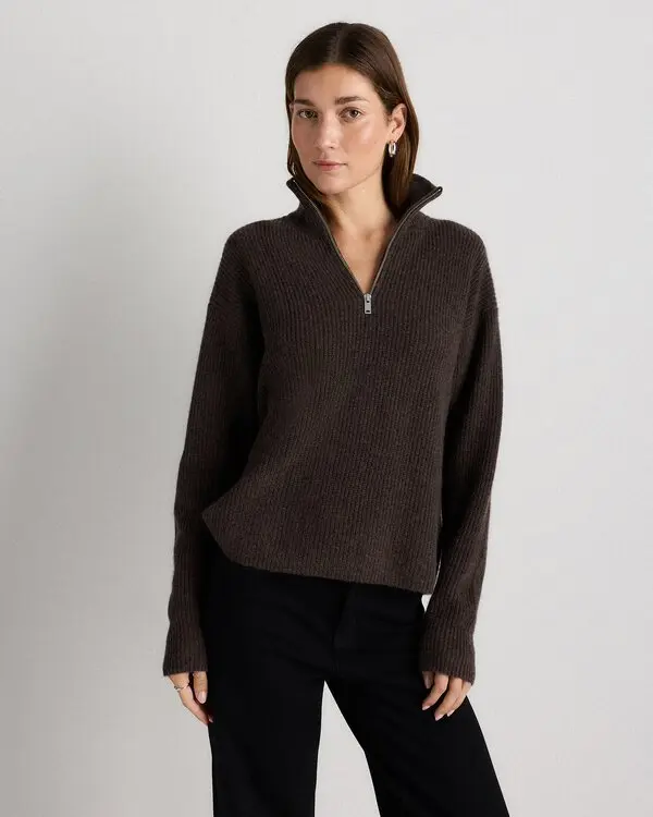 Quince Cashmere Fisherman Quarter Zip Sweater - Heather Truffle Brown