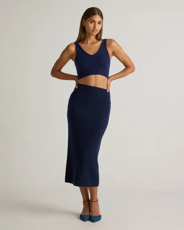 Quince Mongolian Cashmere Fitted Midi Skirt - True Navy