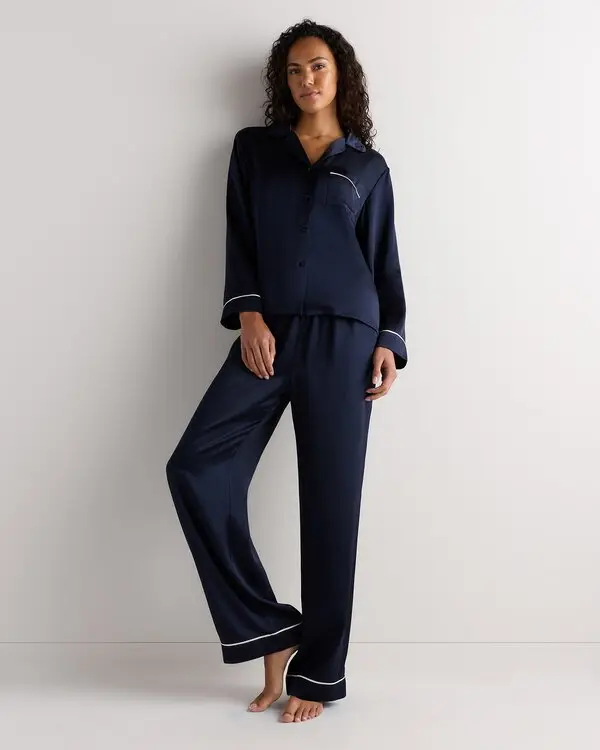 Quince Satin Pajama Long Sleeve Top - Deep Navy