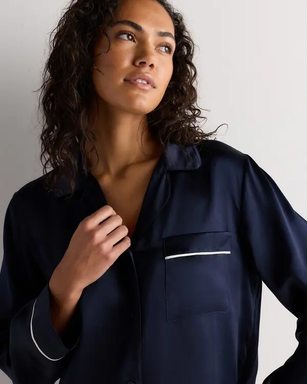 Quince Satin Pajama Long Sleeve Top - Deep Navy