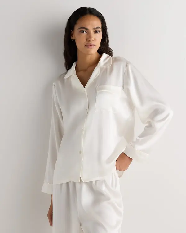 Quince Satin Pajama Long Sleeve Top - Ivory