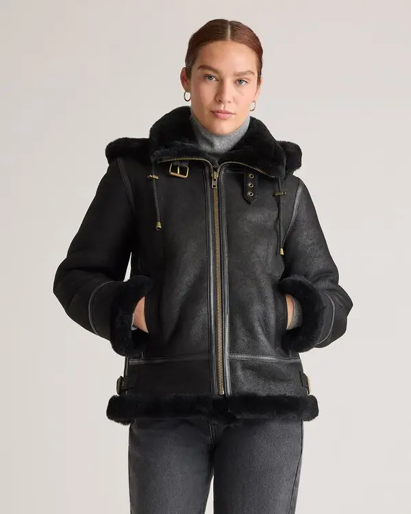 Quince Shearling Cold Weather Bomber Jacket - Black