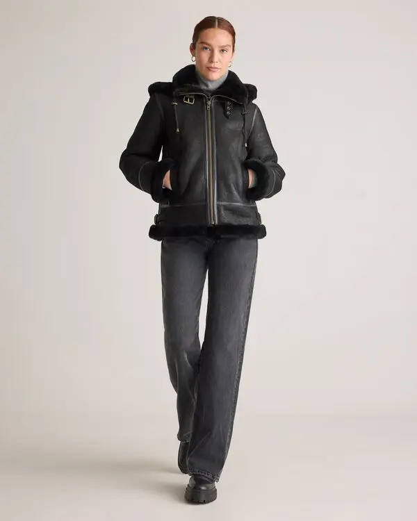 Quince Shearling Cold Weather Bomber Jacket - Black