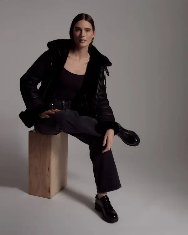 Quince Shearling Cold Weather Bomber Jacket - Black