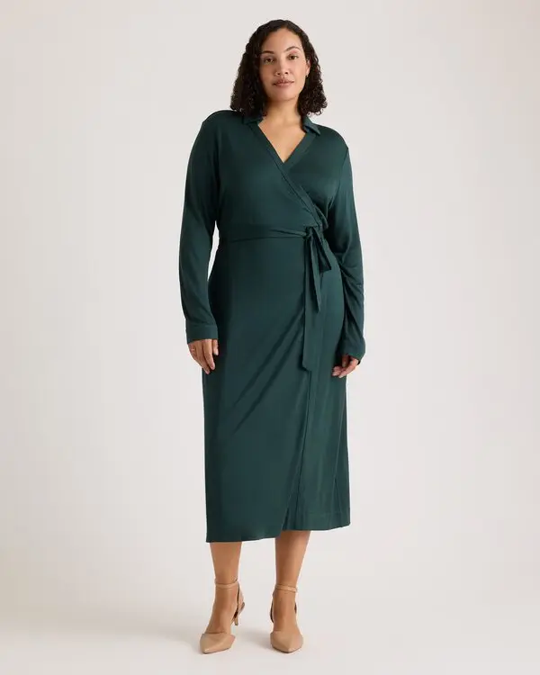 Quince 100% Silk Jersey Midi Wrap Dress - Evergreen