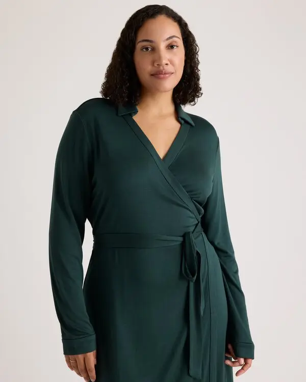 Quince 100% Silk Jersey Midi Wrap Dress - Evergreen