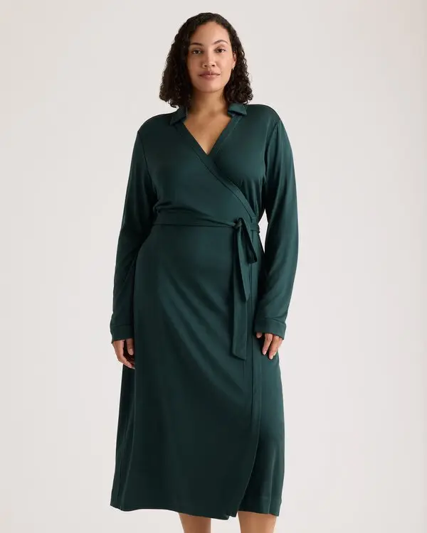 Quince 100% Silk Jersey Midi Wrap Dress - Evergreen