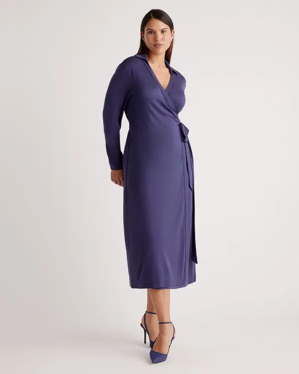 Quince 100% Silk Jersey Midi Wrap Dress - Navy