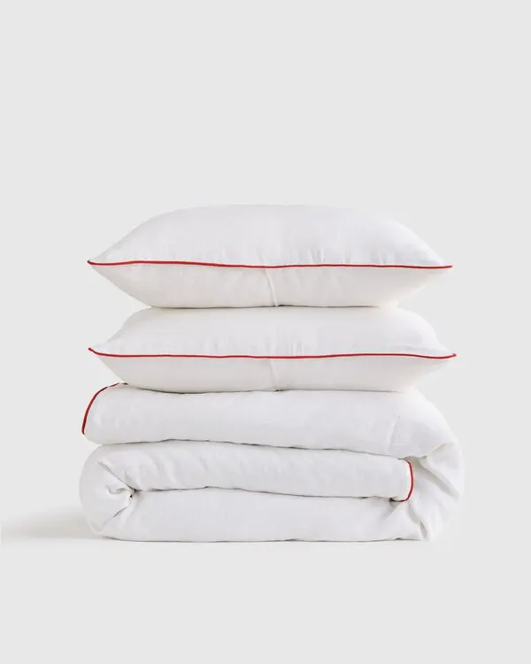 Quince European Linen Piped Duvet Cover Set - White/cherry