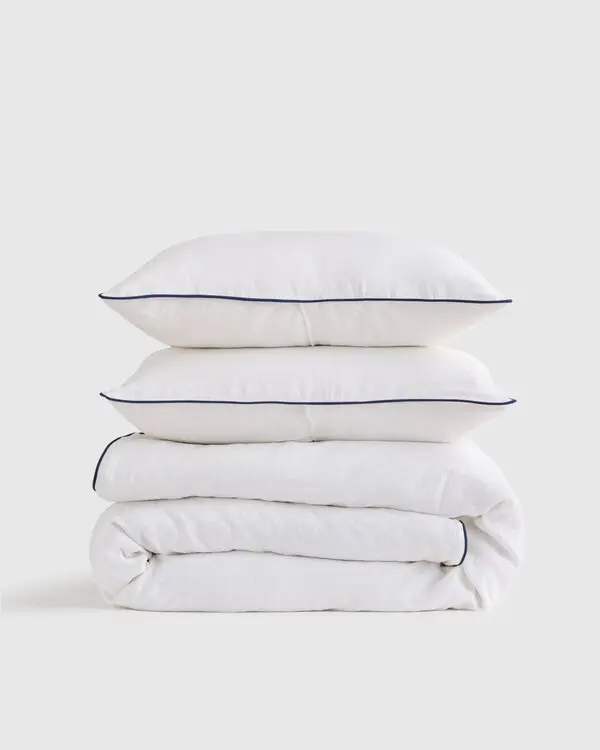 Quince European Linen Piped Duvet Cover Set - White/navy