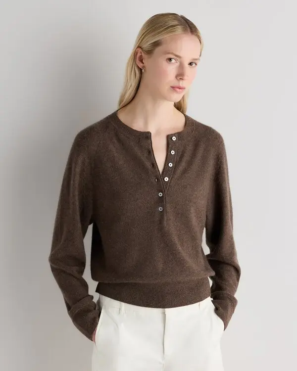 Quince Cashmere Dolman Sleeve Henley Sweater - Brown