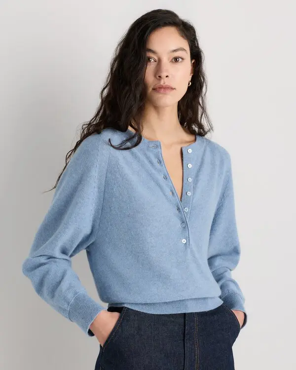 Quince Cashmere Henley Sweater - Faded Denim