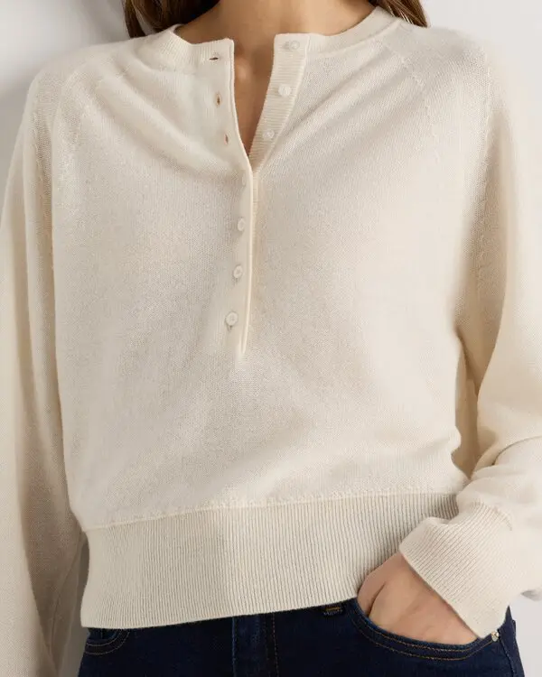 Quince Mongolian Cashmere Dolman Sleeve Henley Jumper - Ivory