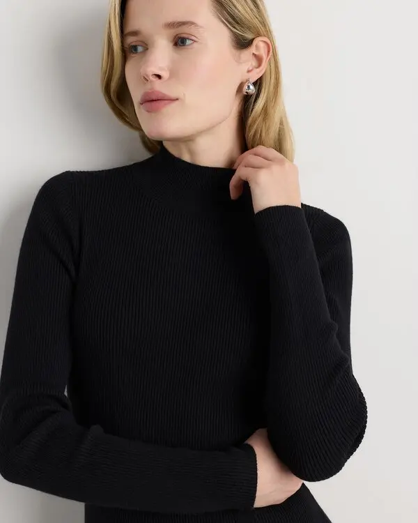 Quince Cotton Cashmere High Neck Midi Dress With Side Slit - Black