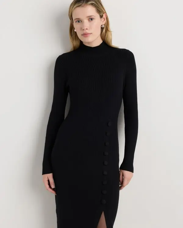 Quince Cotton Cashmere High Neck Midi Dress With Side Slit - Black
