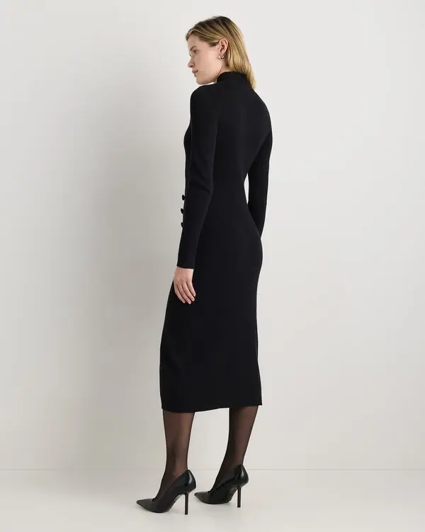 Quince Cotton Cashmere High Neck Midi Dress With Side Slit - Black