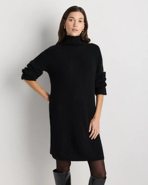Quince Mongolian Cashmere Ribbed Turtleneck Mini Dress - Black