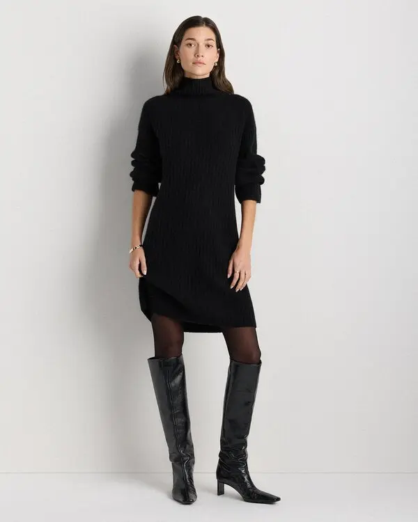 Quince Mongolian Cashmere Ribbed Turtleneck Mini Dress - Black